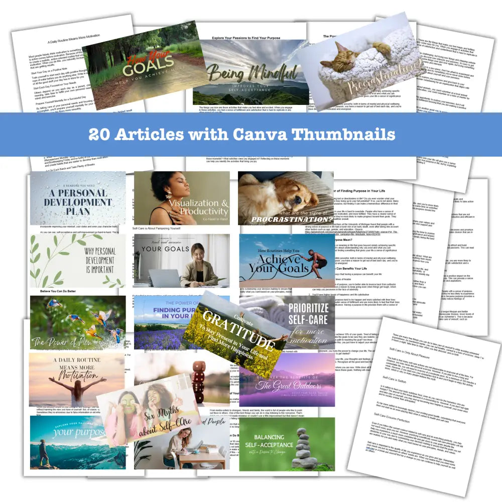 20 Personal Development Articles with Canva Thumbnails - Stock Up and 20 Personal Development Articles with Canva Thumbnails - Stock Up and